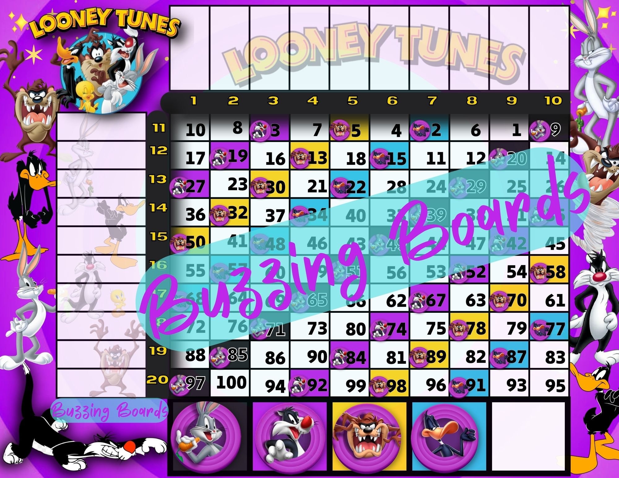 Looneytunes Bingo Board, 10x10 Grid, 20 Players, 2 PDF Files (straight ...