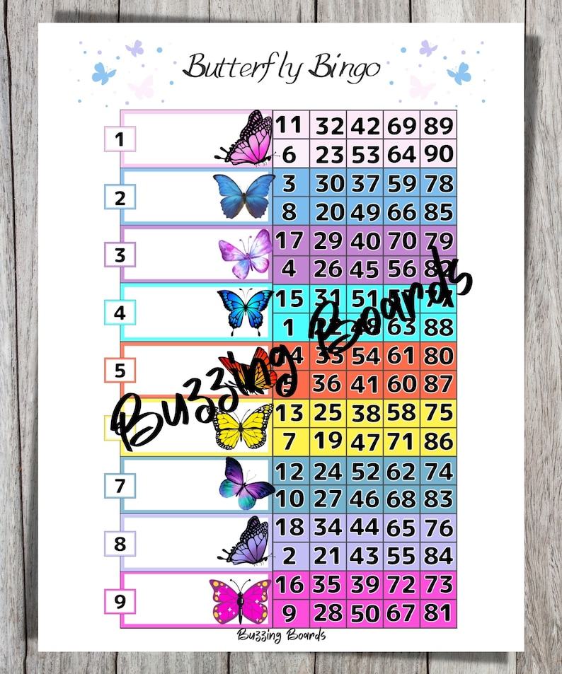 Butterfly 9 Line Bingo Board - 9 Players (1-90 Balls) 2 Pdfs (1 ...