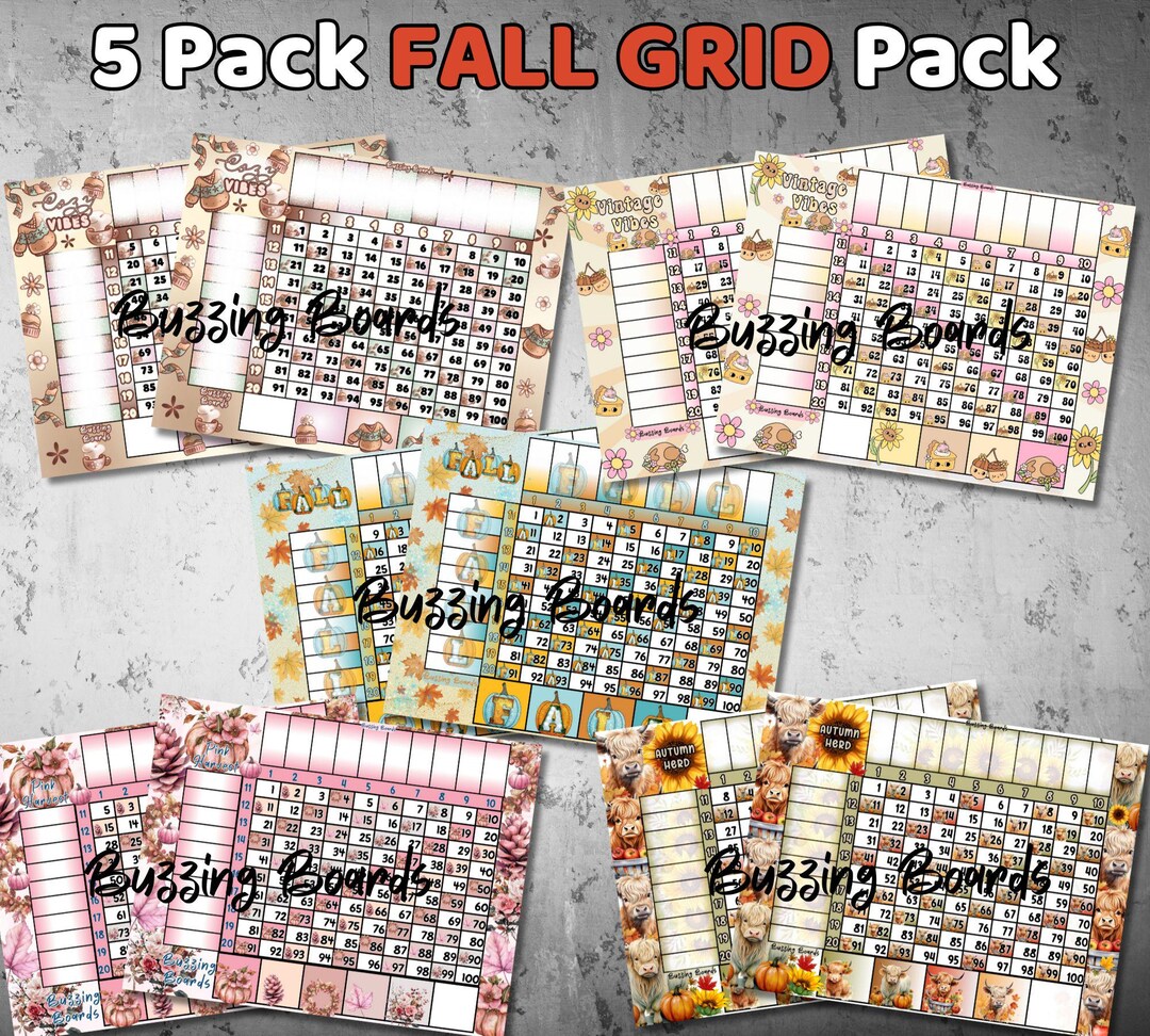 Five Fall Bingo GRID Board Bundle - 20 Lines (1-100 Balls) 5 PDF (mixed ...