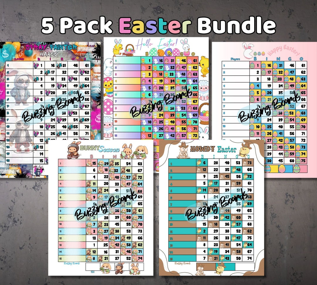 Five Easter Bingo Board Bundle - 15 Lines (1-75 Balls) 10 PDF (mixed ...