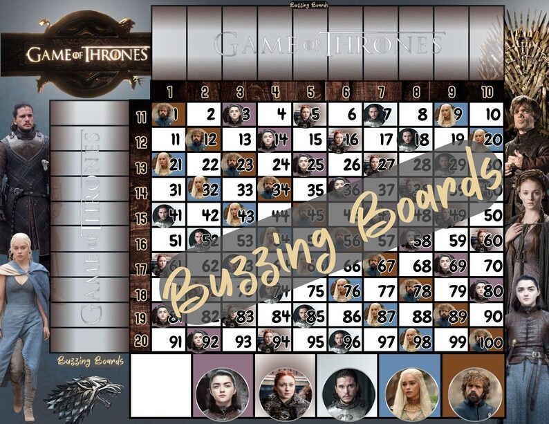 Game Ofthrone Bingo Board, 10x10 Grid, 20 Players, 2 PDF Files straight ...