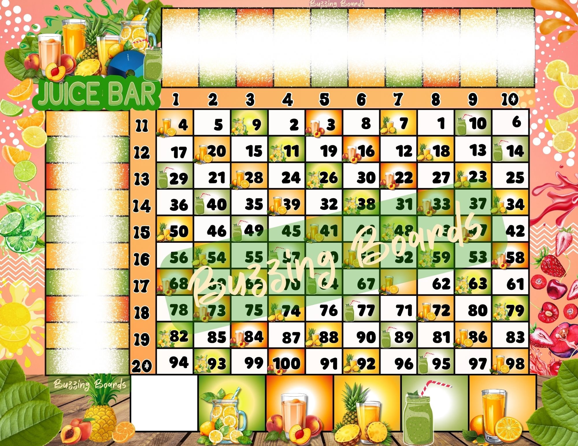 Juice Bar Bingo Board Grid, 10x10 Grid, 20 Players, 2 PDF Files ...