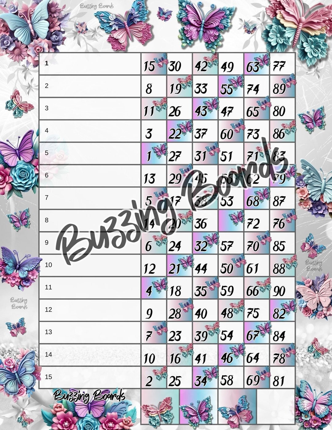 3D Butterflies 90 Ball - 15 Player Bingo Board - 15 Lines (1-90 Balls ...