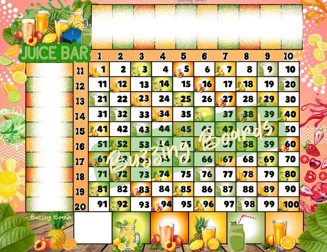Juice Bar Bingo Board Grid, 10x10 Grid, 20 Players, 2 PDF Files ...