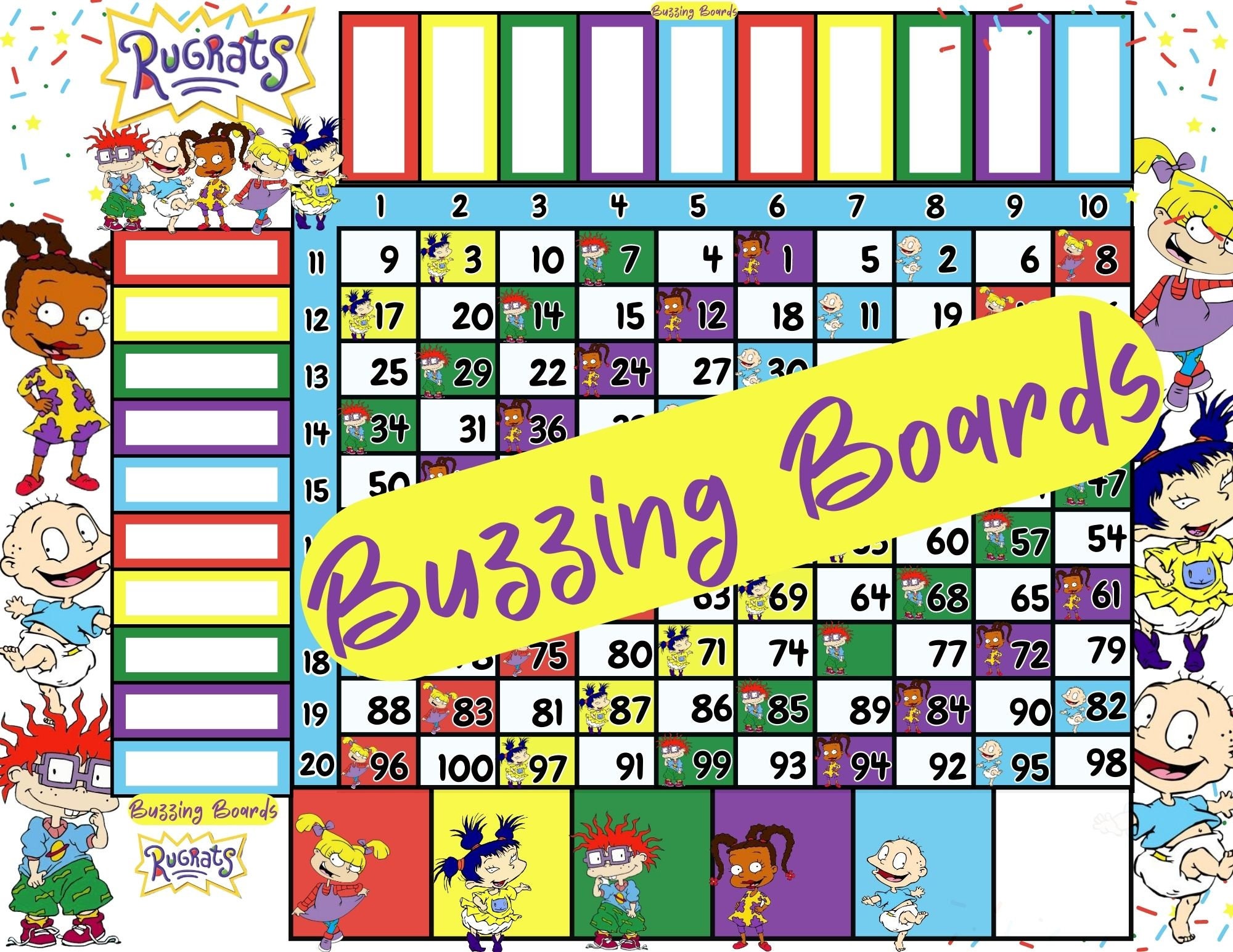 Rugrat Bingo Grid, 10x10 Grid, 20 Players, 2 PDF Files straight and ...