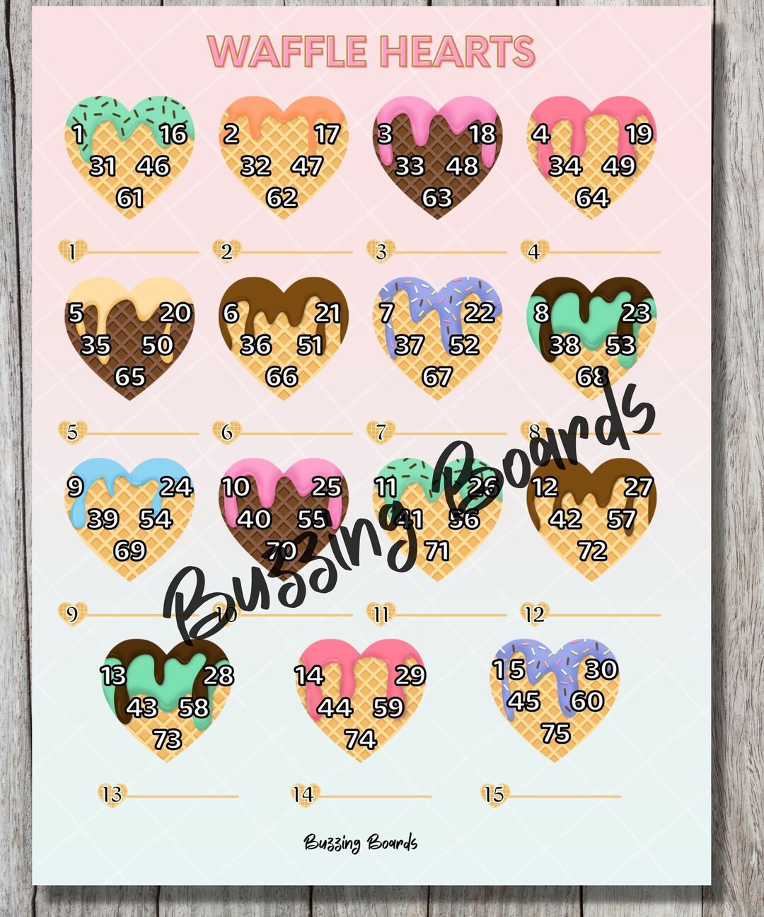 Waffle Hearts Bingo Board, 15 Player, 1-75 Balls, 2 Pdf's (straight and ...