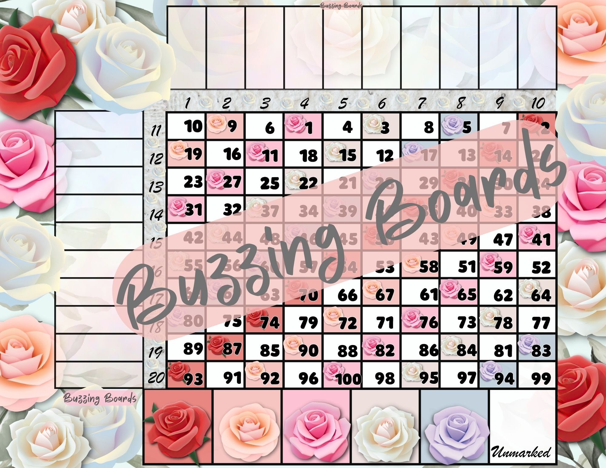5 Rose Grid Bingo Board, 10x10 Grid, 20 Players, 2 PDF Files (straight ...