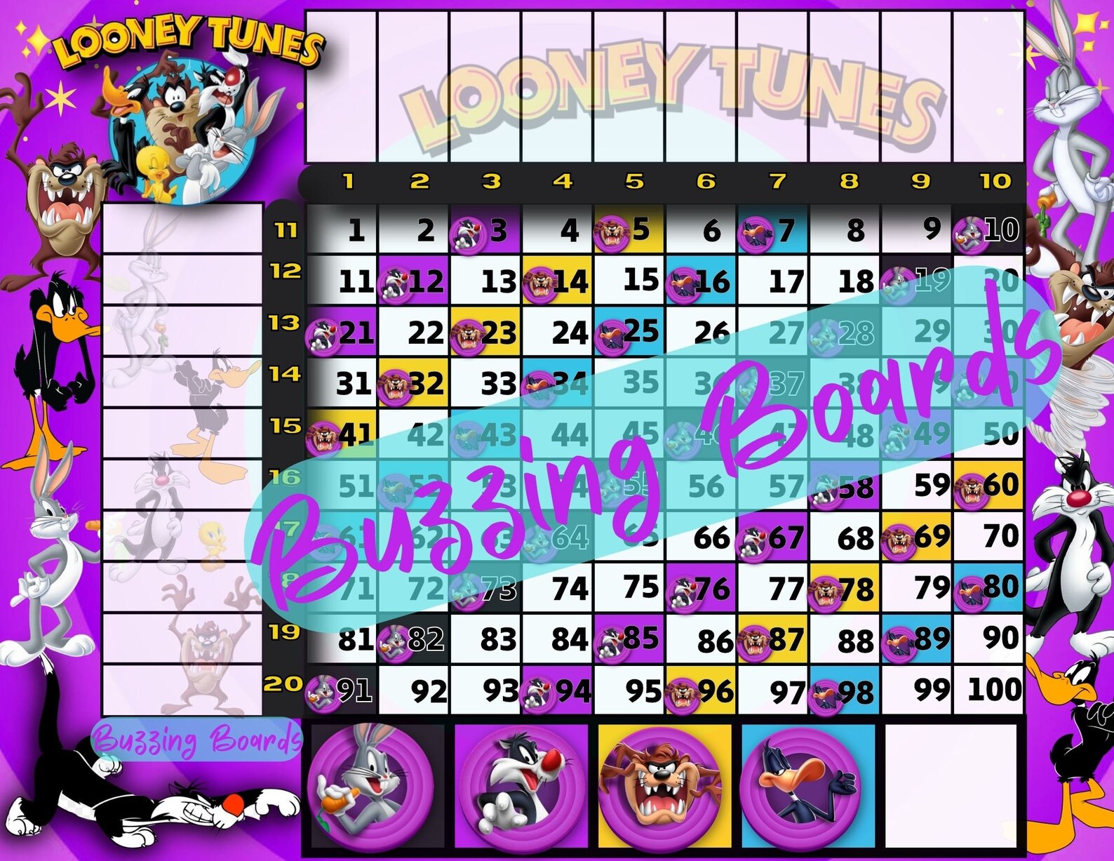 Looneytunes Bingo Board, 10x10 Grid, 20 Players, 2 PDF Files (straight ...