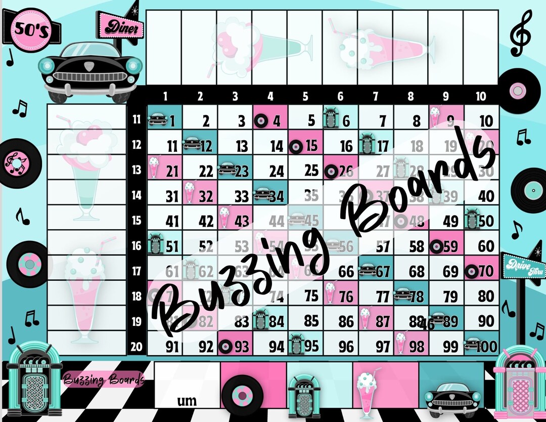 50's Diner Bingo Board, 10x10 Grid, 20 Players, 2 PDF Files (straight ...
