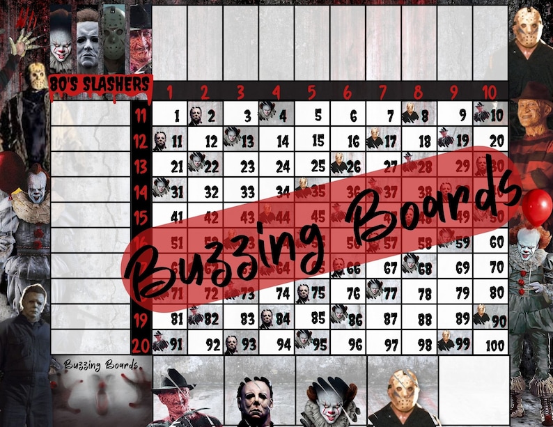 80s Slashers Bingo Board, 10x10, 20 Players, 100 Ball, 2 PDF Files ...