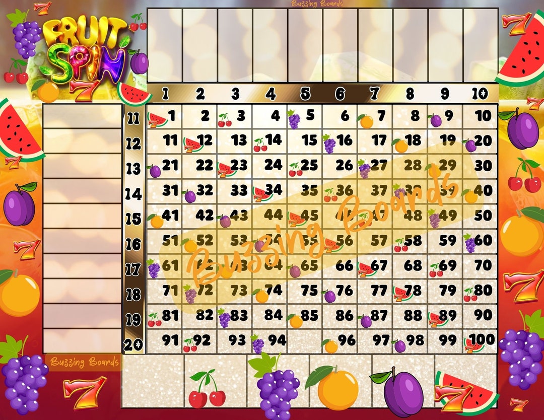 Fruitspin Bingo Board Grid, 10x10 Grid, 20 Players, 2 PDF Files ...