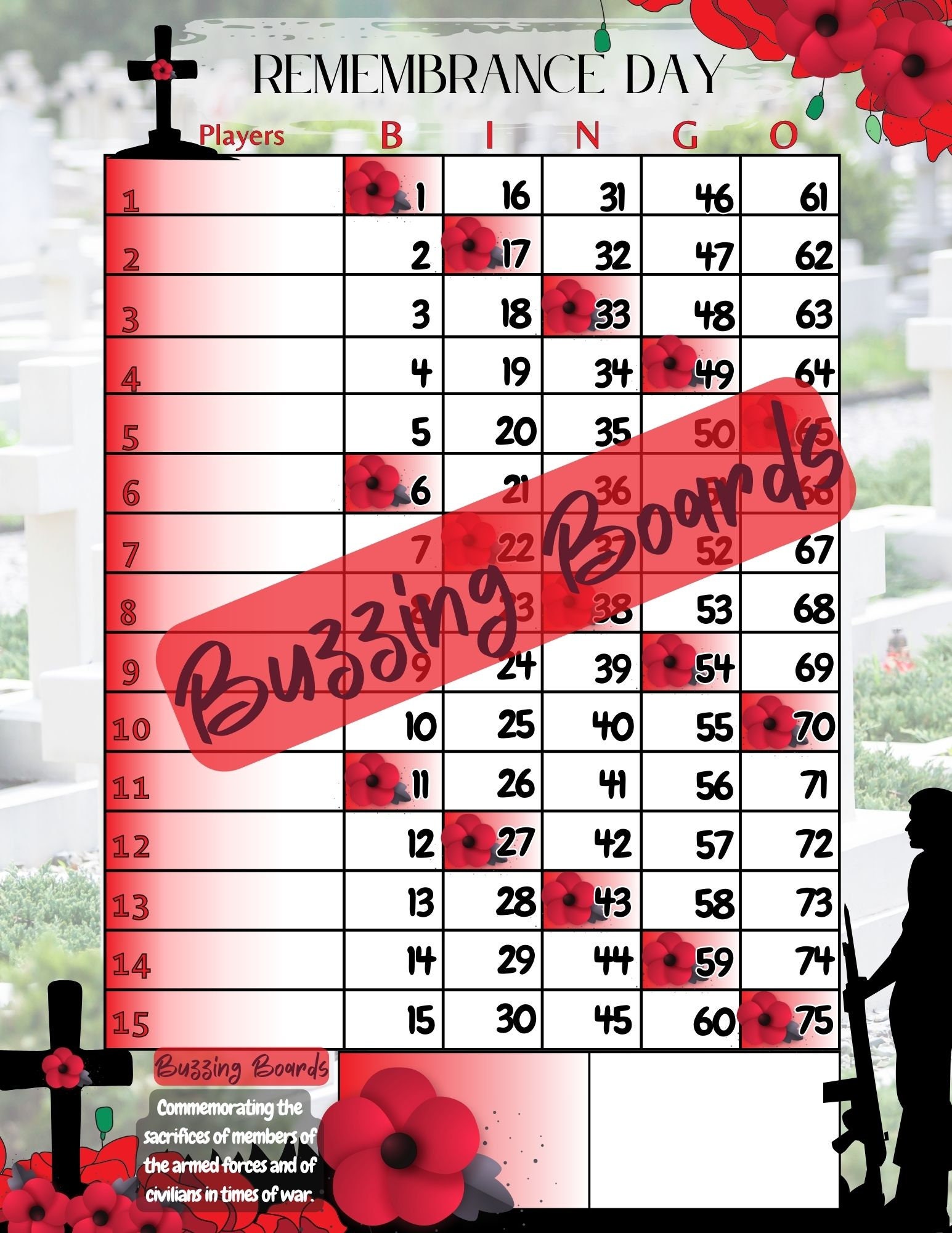 Remembrance Day Bingo Board - 15 Lines, 1-75 Balls, 2 Pdf's (straight ...