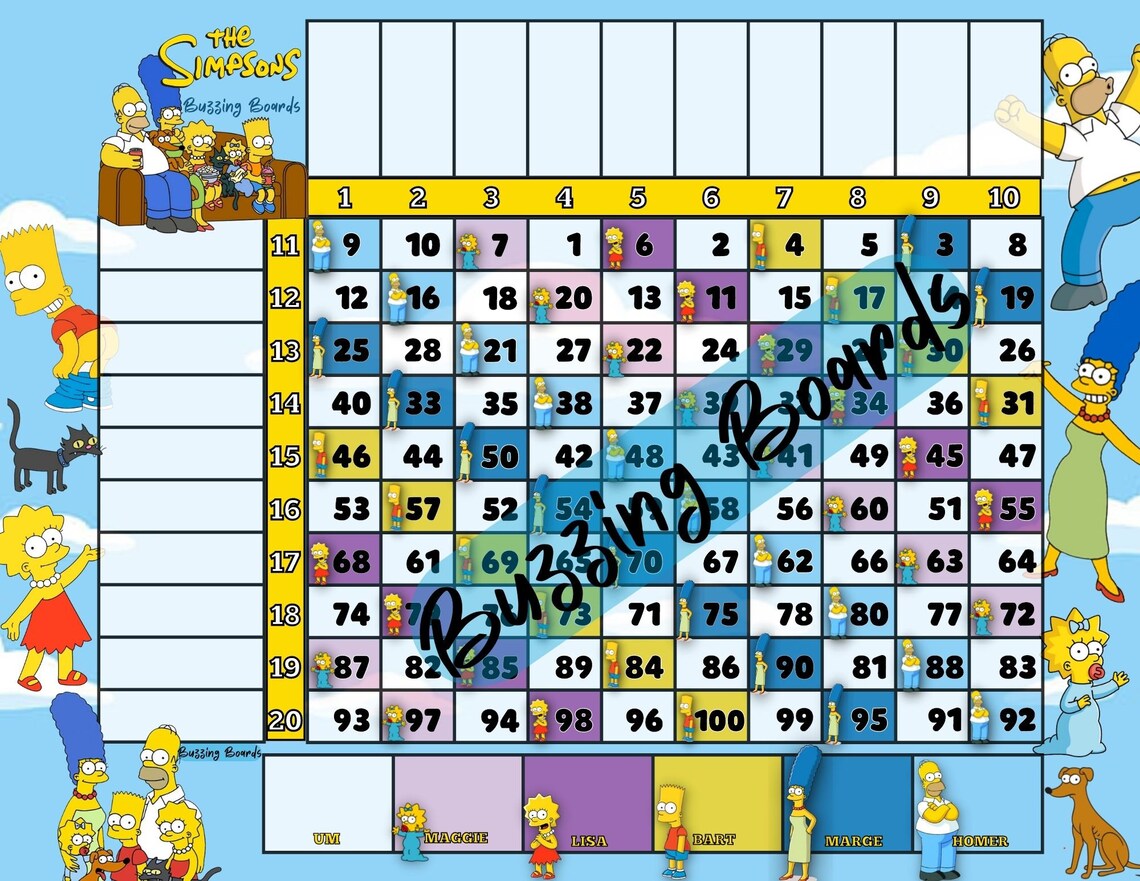 Simpsons Bingo Board, 10x10 Grid, 20 Players, 2 PDF Files (straight and ...