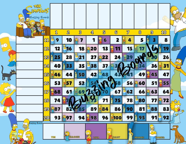 Simpsons Bingo Board, 10x10 Grid, 20 Players, 2 PDF Files (straight and ...