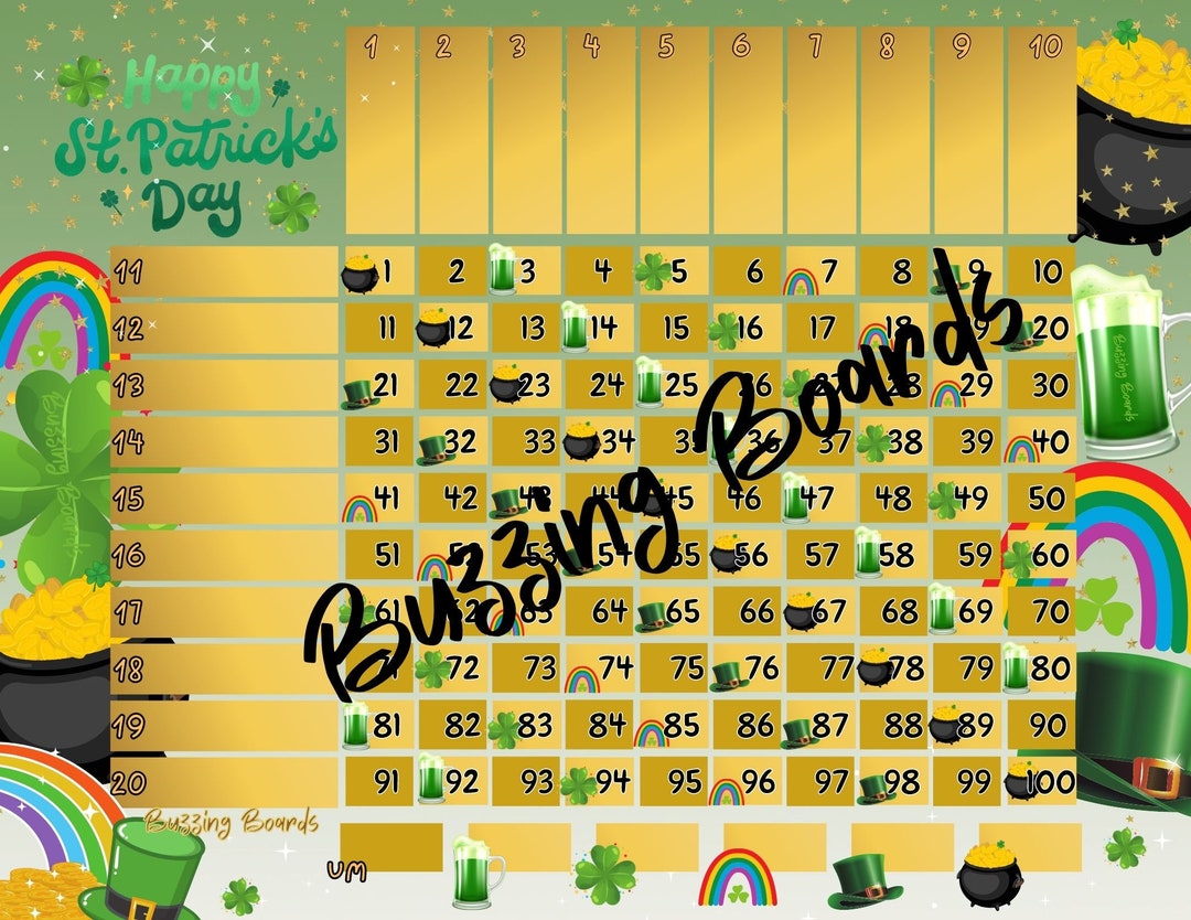 Happy St Patrick's Day 10x10 Grid, Bingo Board, 20 Players, 1 PDF File ...