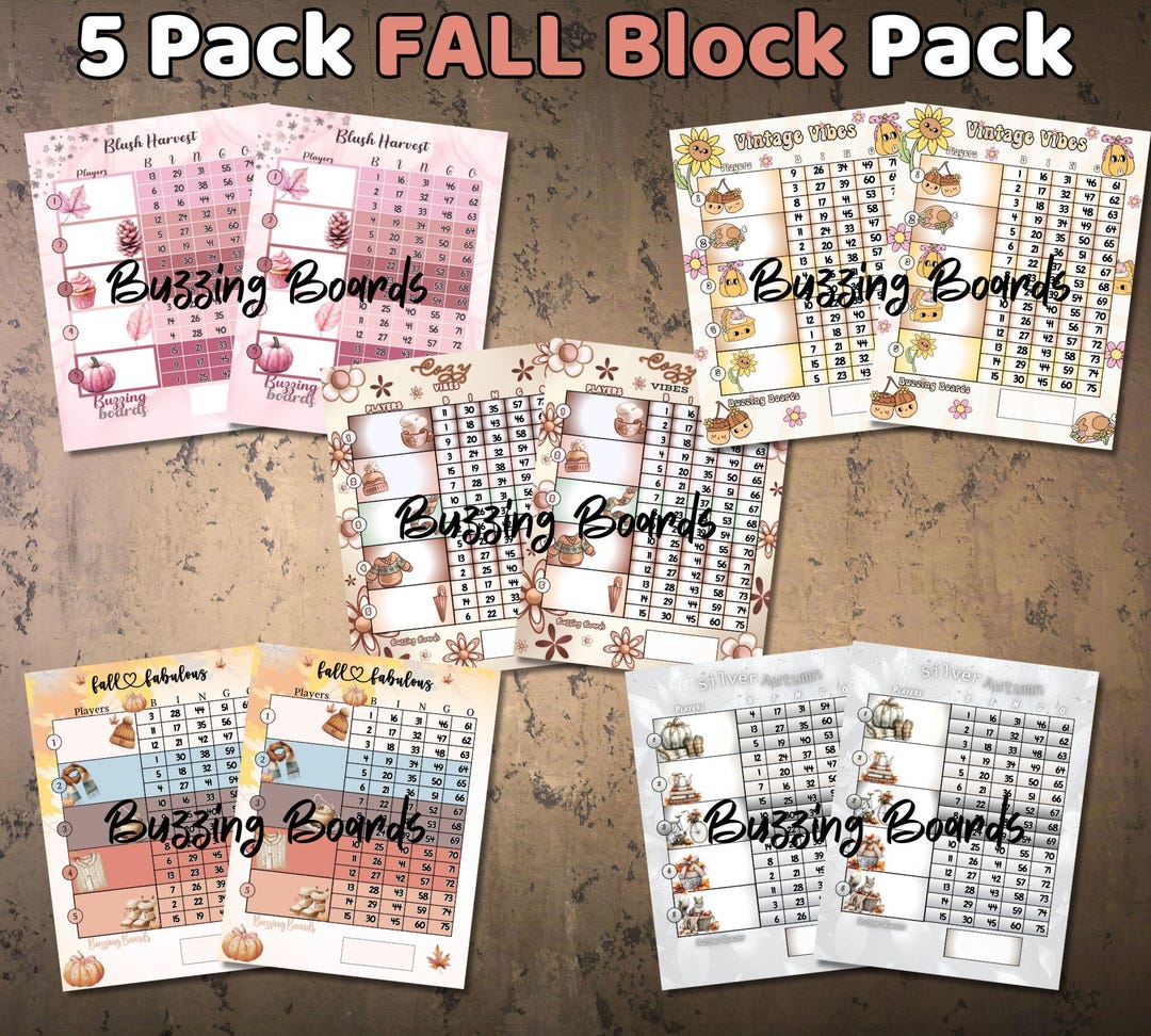 Five Fall Block Bingo Boards Bundle - Block 5 Players (1-75 Balls) 5 ...