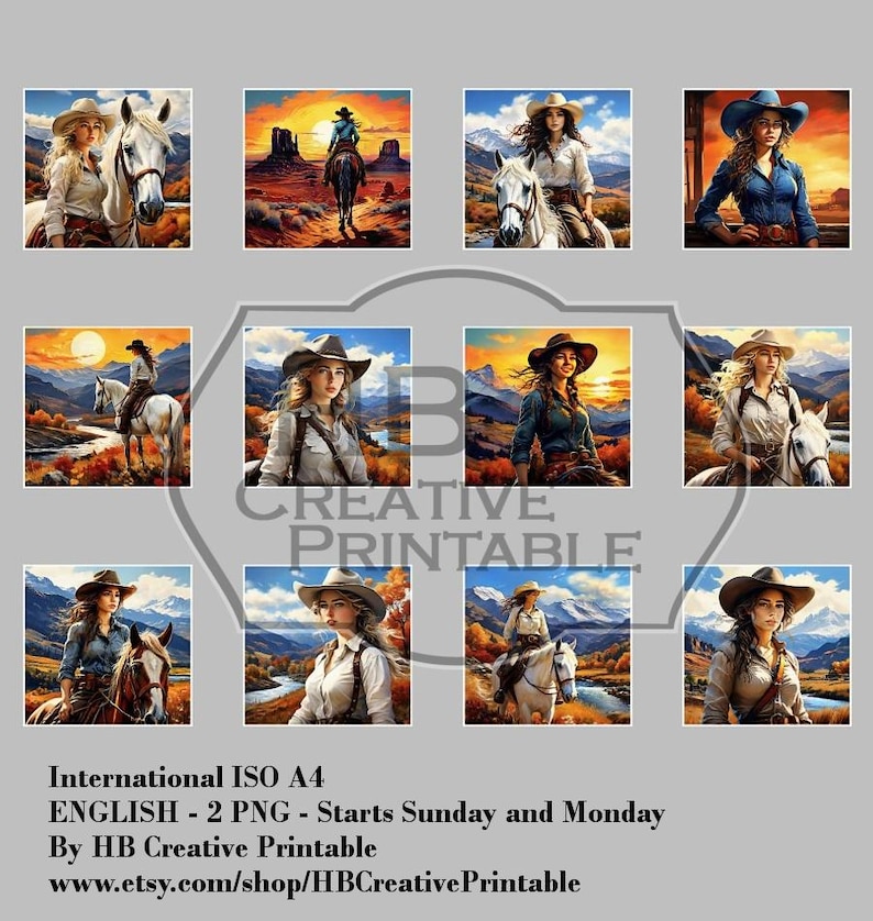 Printable Cowgirl Horse Calendar, Wild West Digital Painting, Western ...