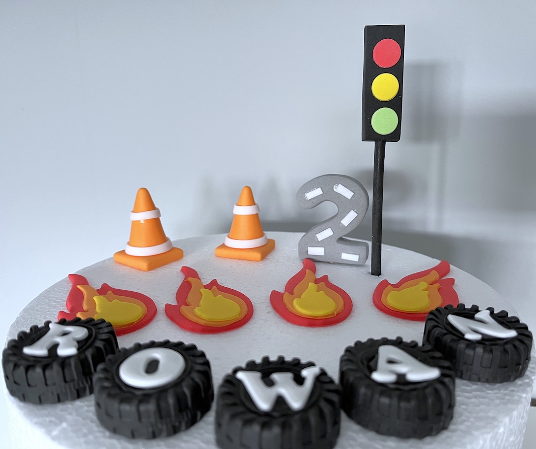 Car Theme Cake Topper Set With Flames, Edible Fondant Traffic Light ...