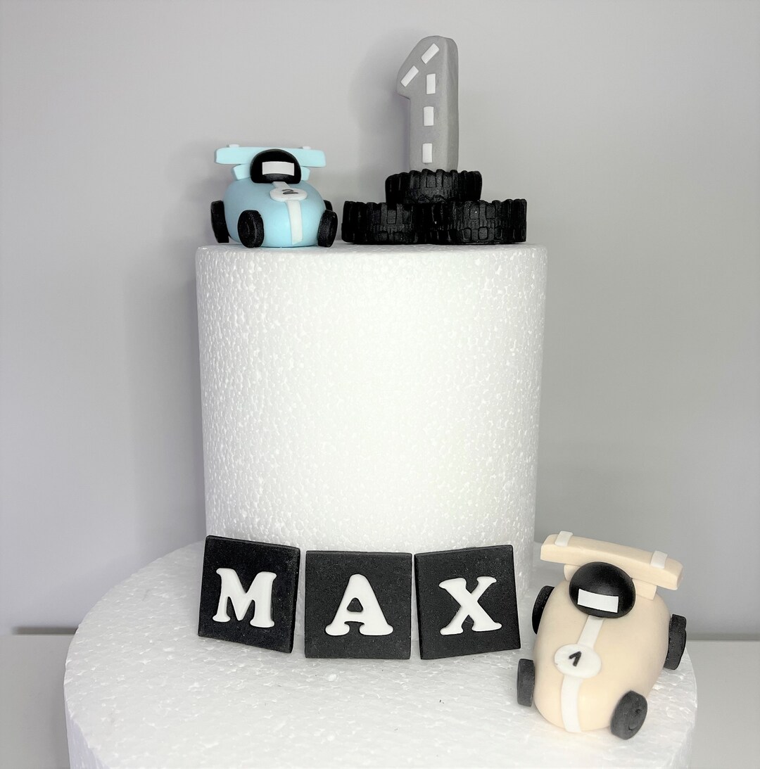 Racing Car Cake Toppers Set in Neutral Colours. Edible Personalised ...