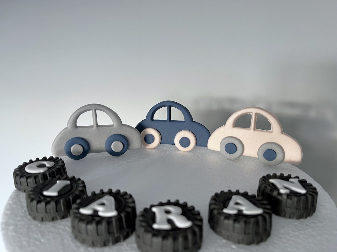 Fondant Cars Cake Toppers Set / Blue, Beige Cars Edible Personalised ...