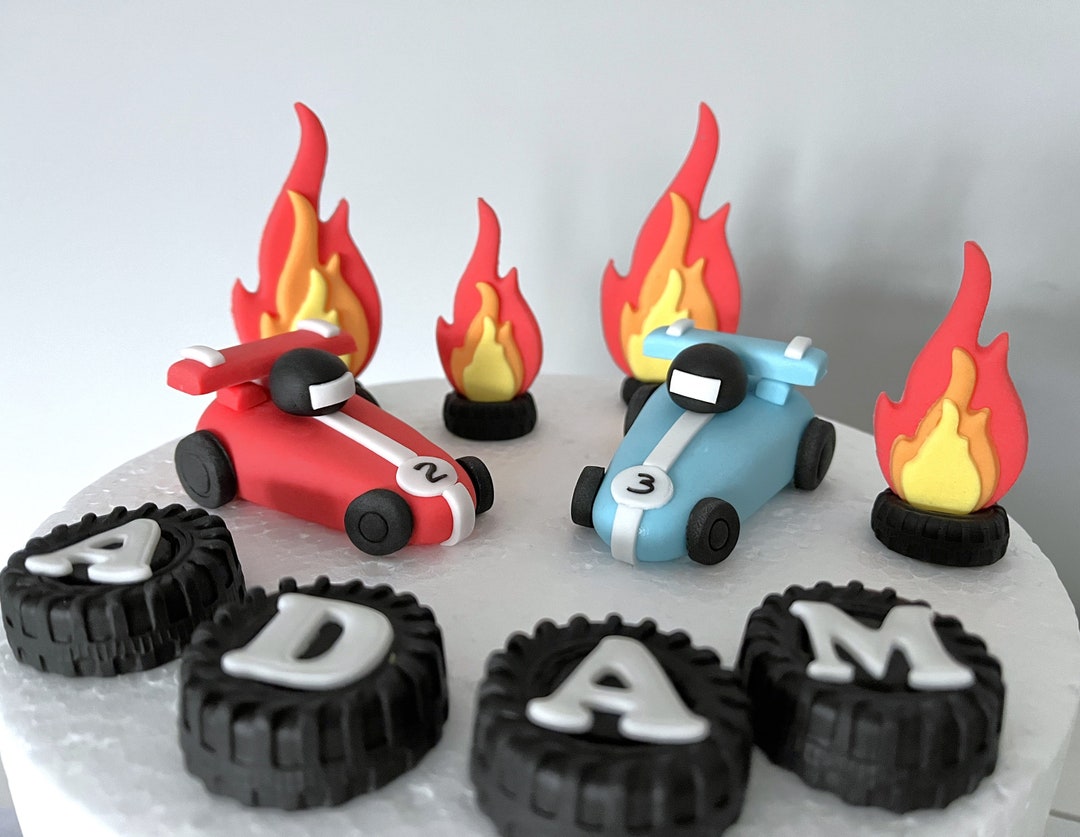 Racing Cars, Flames and Tires Cake Toppers / Edible Personalised ...