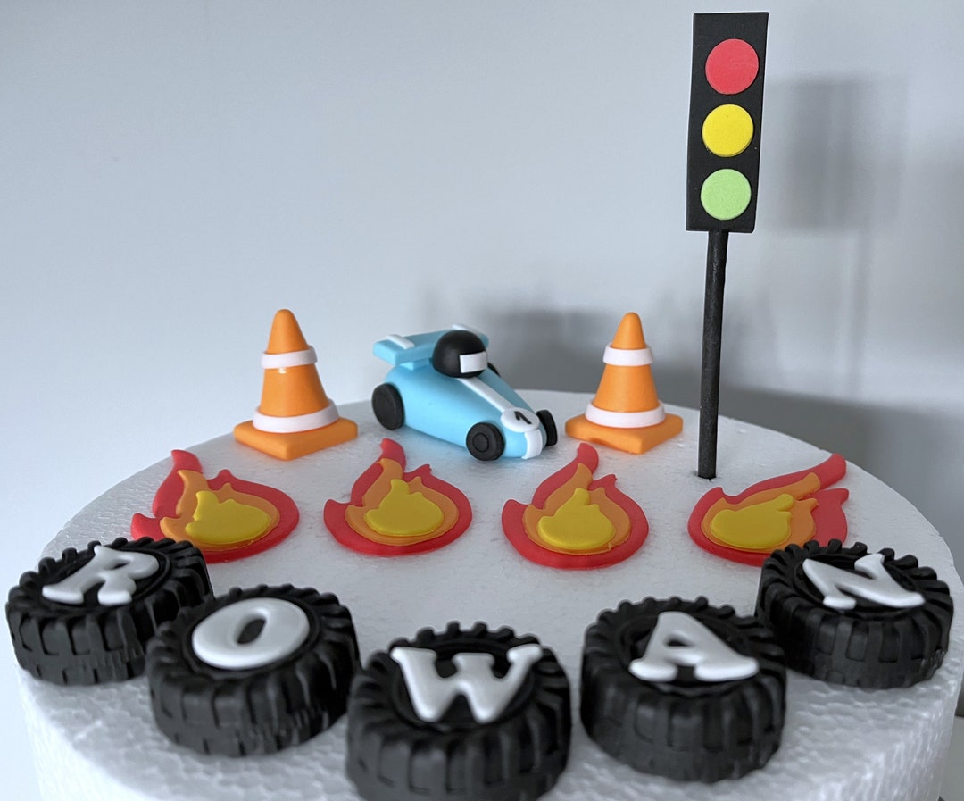 Racing Fondant Cars Cake Topper Set With Flames, Edible Fondant Car ...