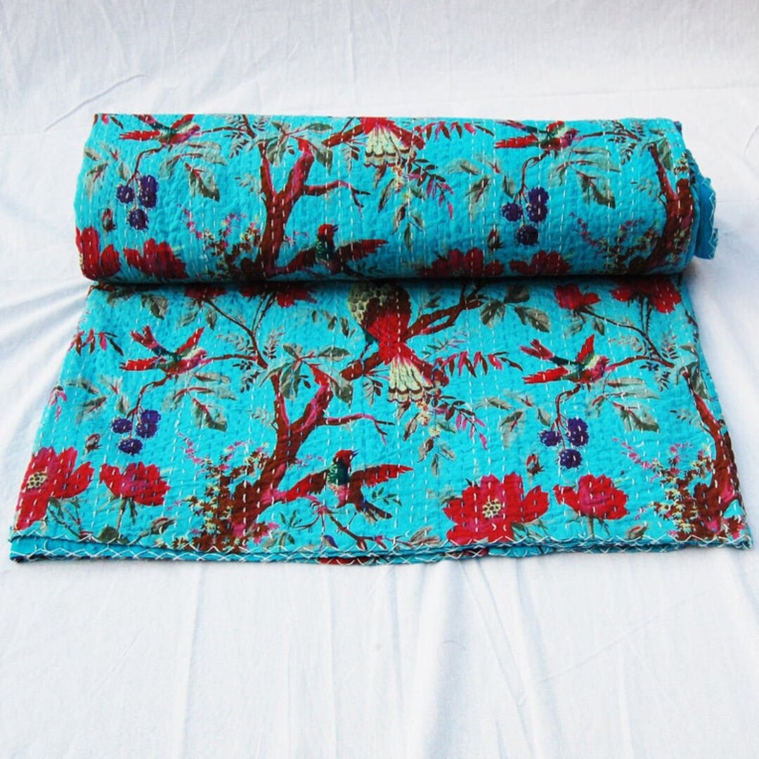 Cubrecama con estampado Floral de pájaro turquesa hecho a - Etsy España