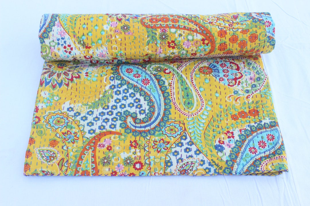 Indian Handmade Yellow Paisley Design Kantha Quilt Bohemian - Etsy