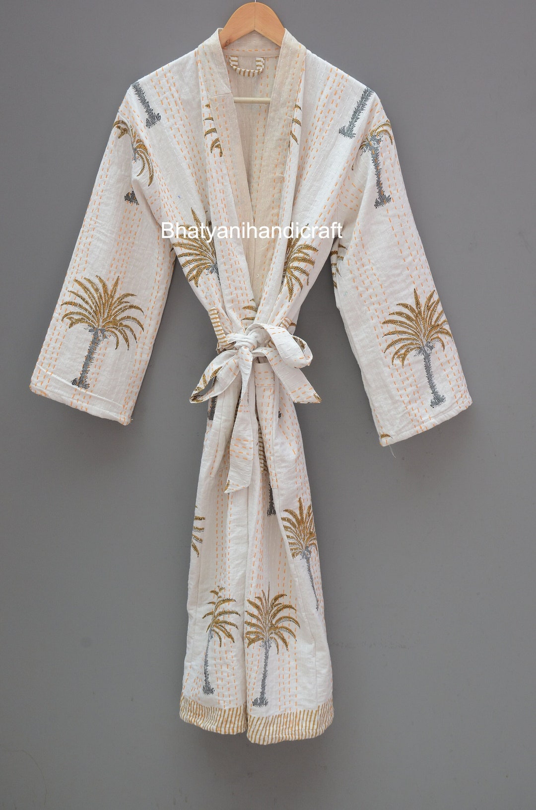 Palm Tree Print Kantha Robe, Quilted Jacket, Block Print Kimono ...