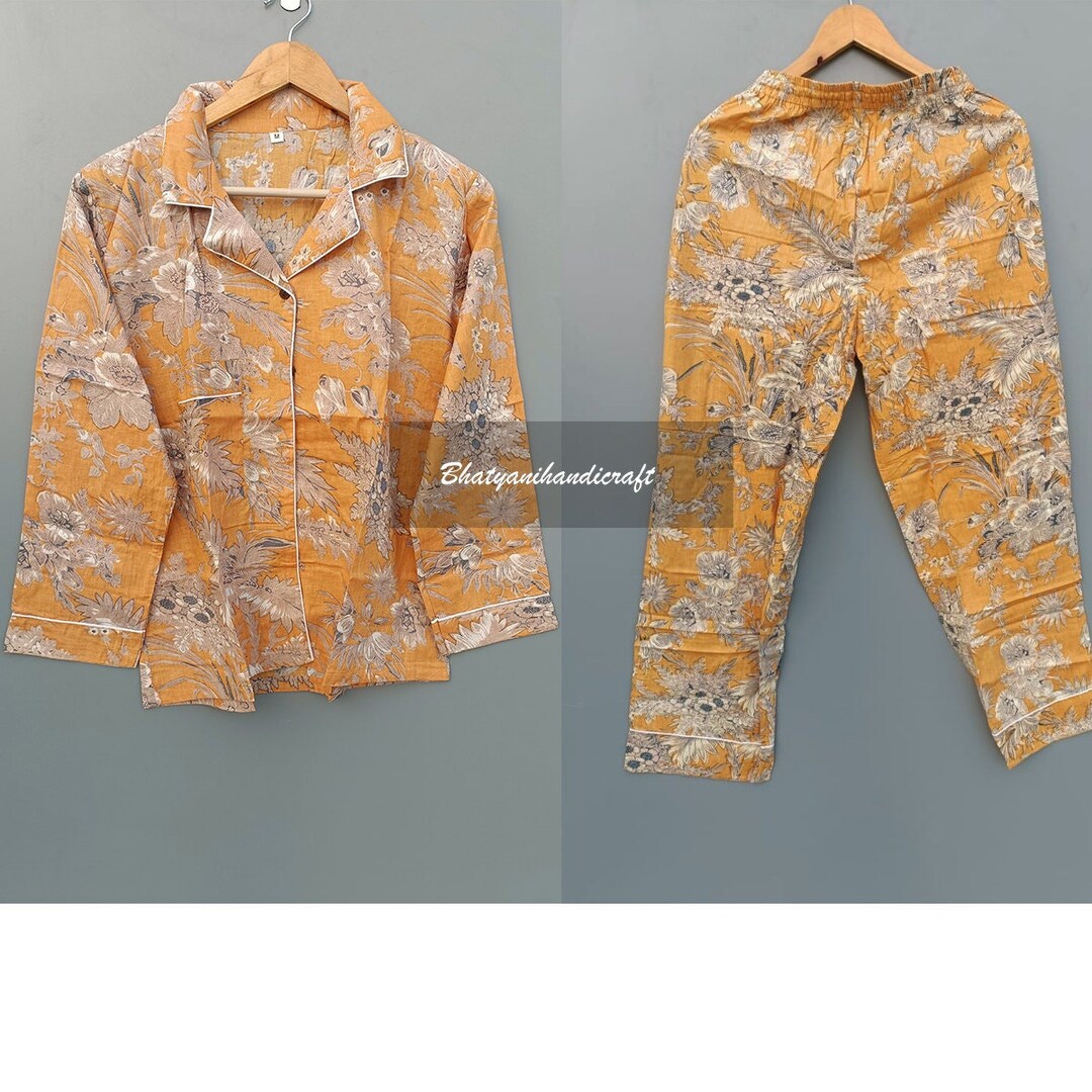 Mustard Floral Pj Set, Cotton Pajama Set, Night Wear, Bridesmaid Pajama ...