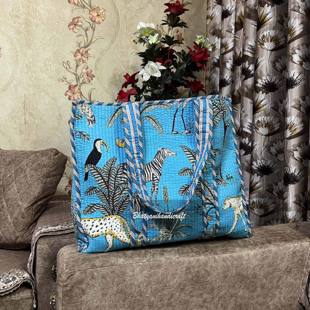 Jungle Print Cotton Quilted Market Bag, Handmade Quilted Tote Shopping ...