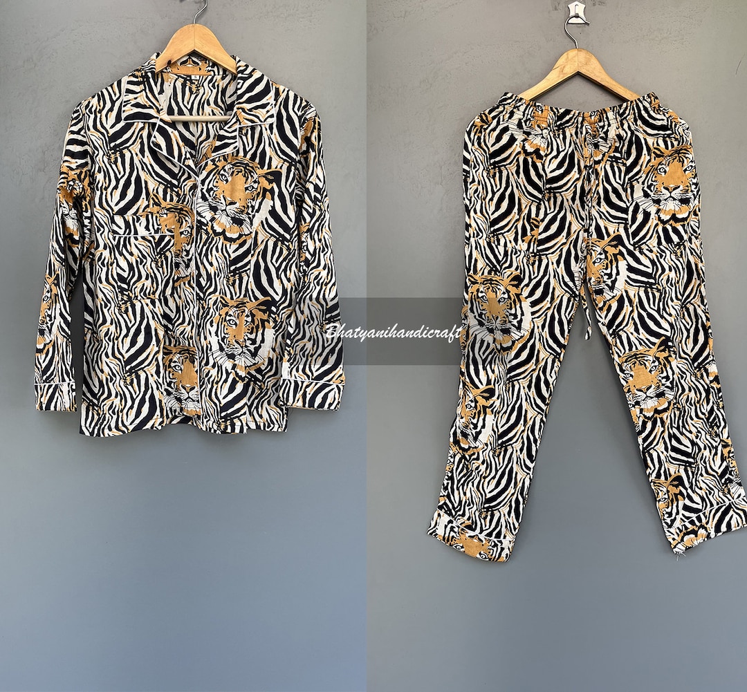 Tiger Print Pajama Set, Cotton Pj's, Night Wear, Soft Cotton Night Suit ...