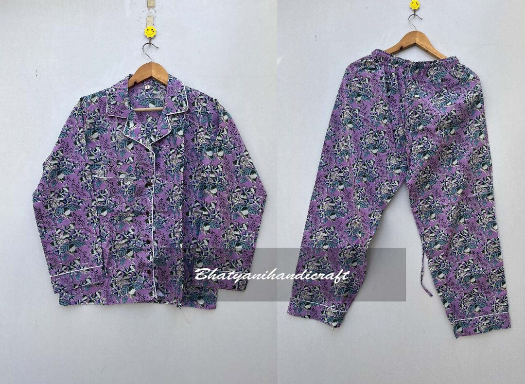 Floral Printed Night Wear Suit Set Pajamas Set Women Cotton Tunic ...
