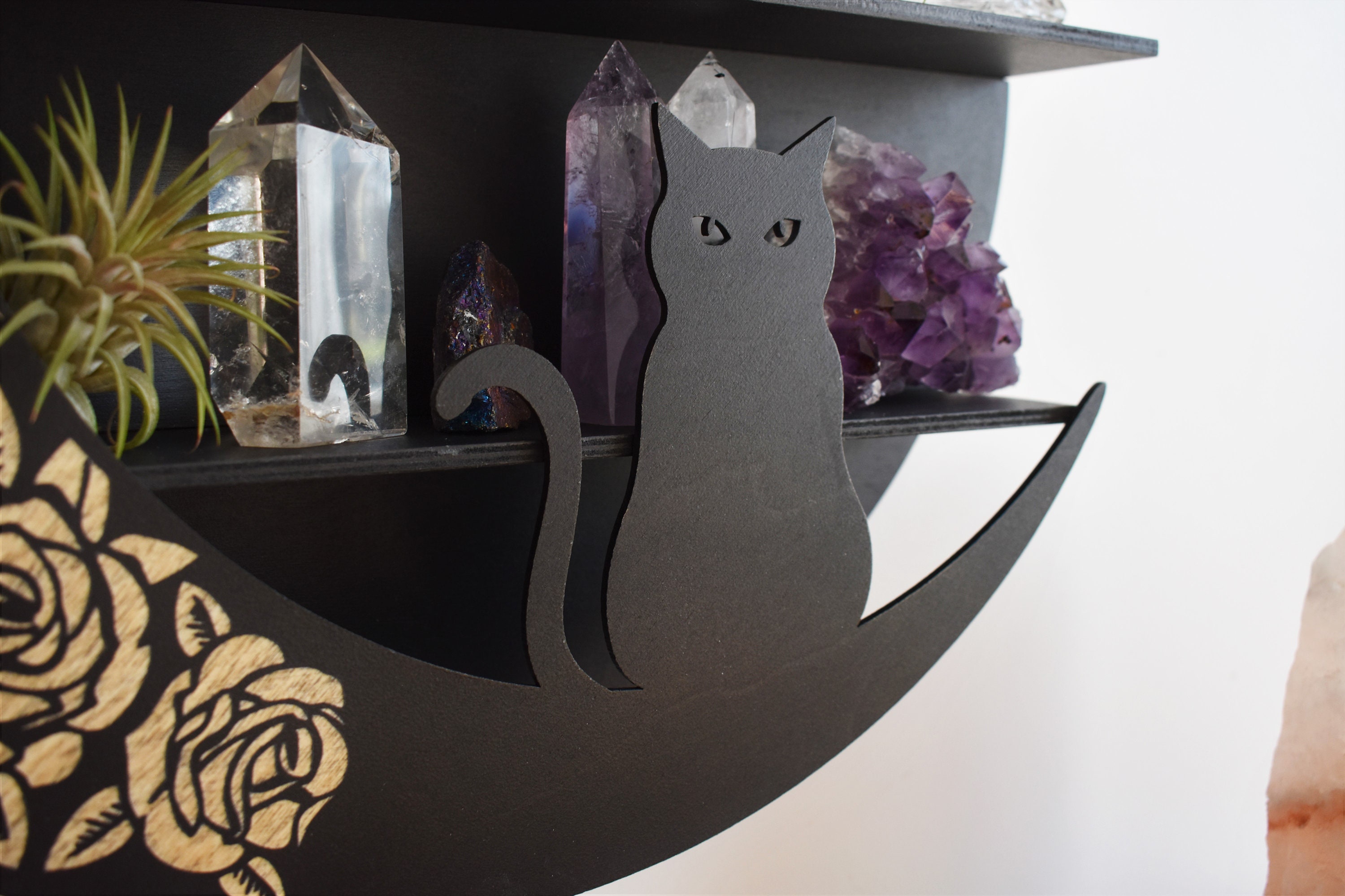 Cat on Moon Crystal Shelf With Roses | Etsy