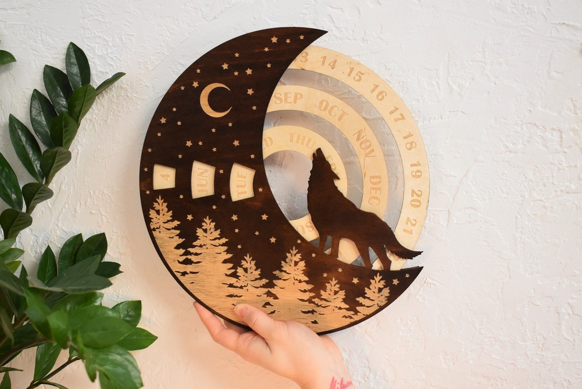 Perpetual Calendar Howling Wolf on Moon in Forest - Etsy