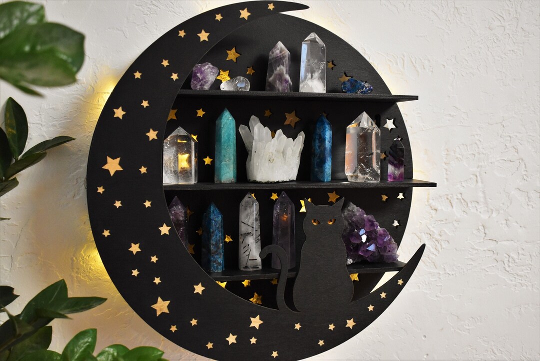 Cat on Moon Crystal Shelf With Light - Etsy