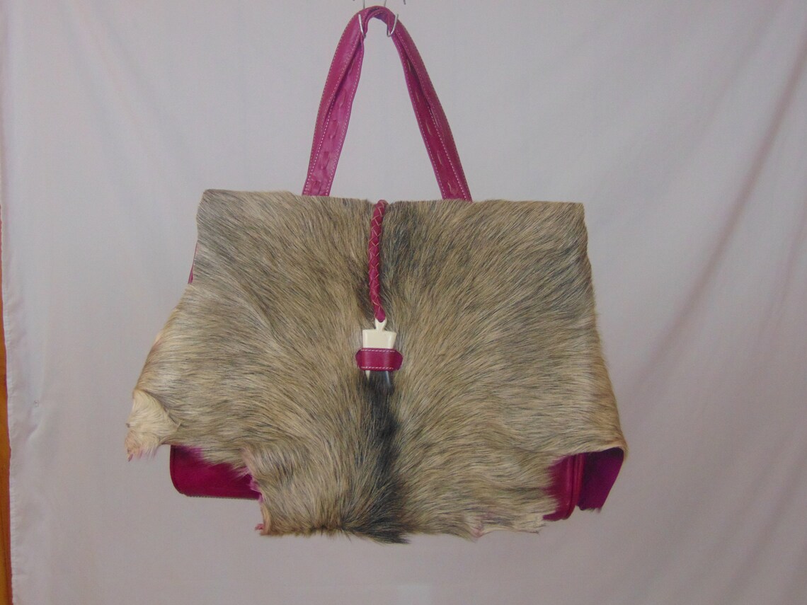 Fuchsia Leather Bag, Natural Fur , Handmade Bag, Leather Shoulder Bag ...