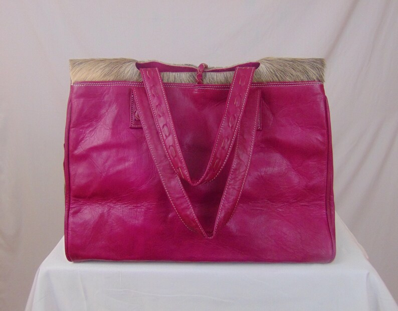 Fuchsia Leather Bag, Natural Fur , Handmade Bag, Leather Shoulder Bag ...