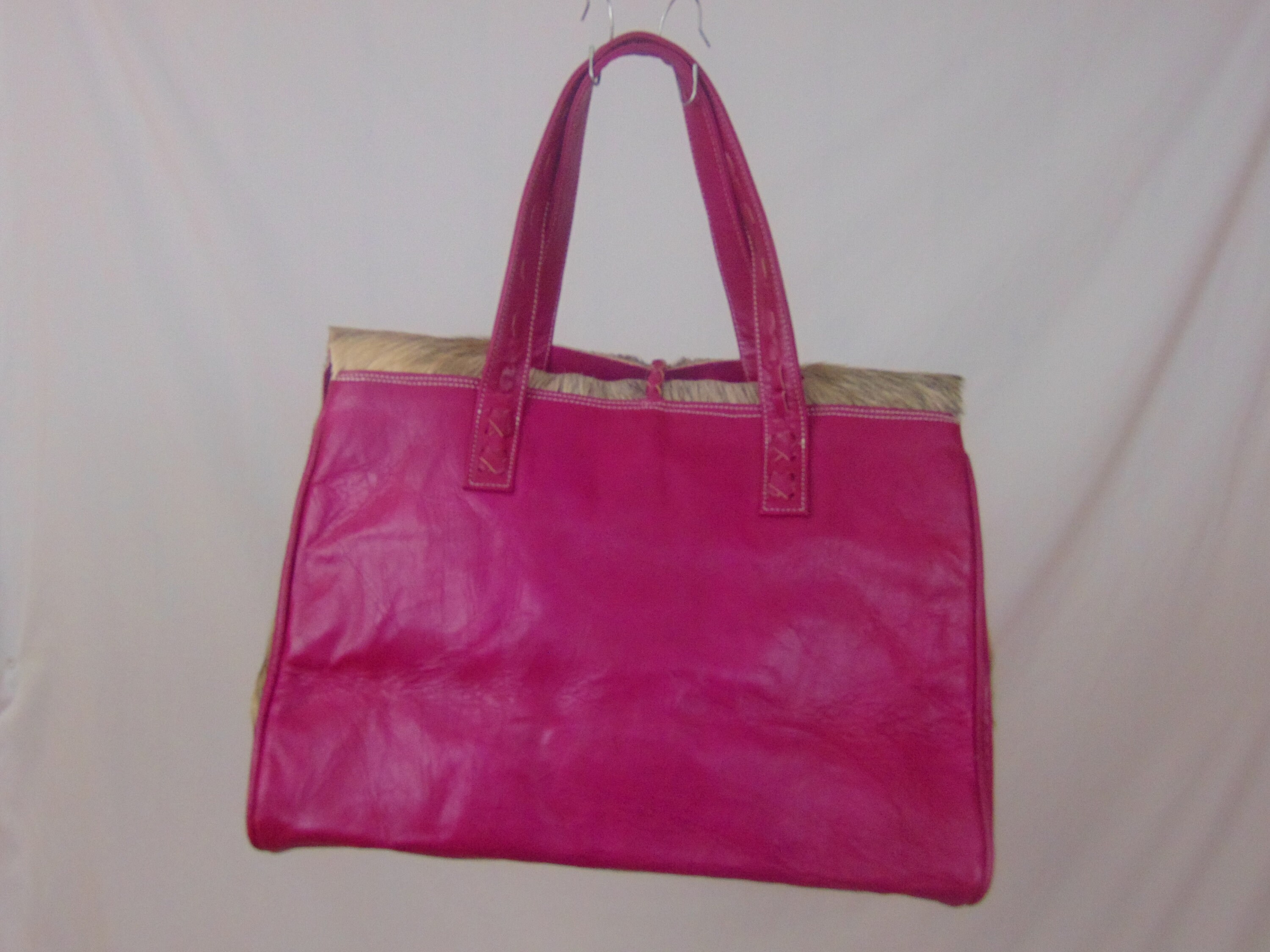 Fuchsia Leather Bag, Natural Fur , Handmade Bag, Leather Shoulder Bag ...