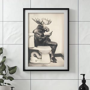 Moose Sitting on the Toilet Watching Phone, Poster or Canvas, Funny ...