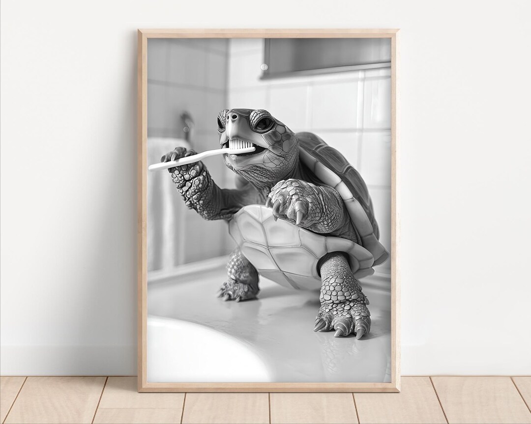 Turtle Brushing Teeth, Poster or Canvas, Funny Bathroom Wall Art, Kids ...
