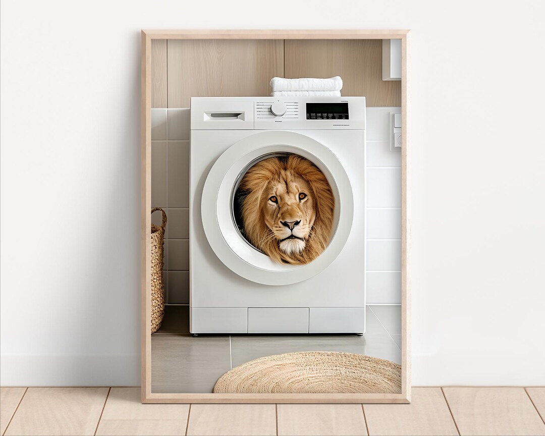Funny Lion in Washing Machine Print: Retro Bathroom Wall Art - Etsy