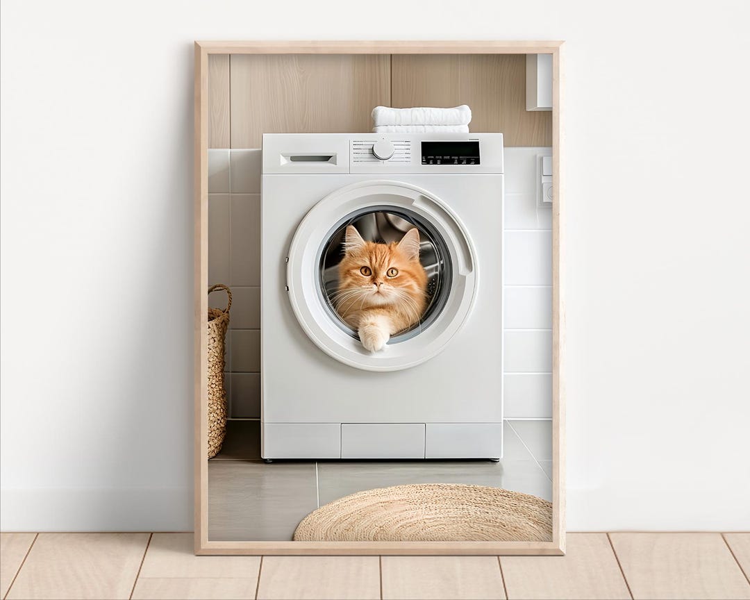 Funny Cat in Washing Machine Print: Retro Bathroom Laundry Room Decor ...