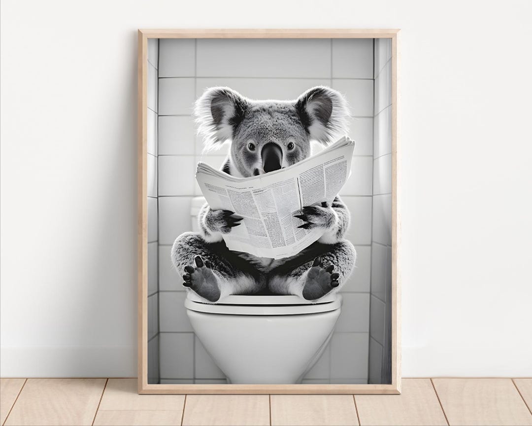 Koala on Toilet Reading Newspaper, Poster Canvas, Funny Bathroom Wall ...