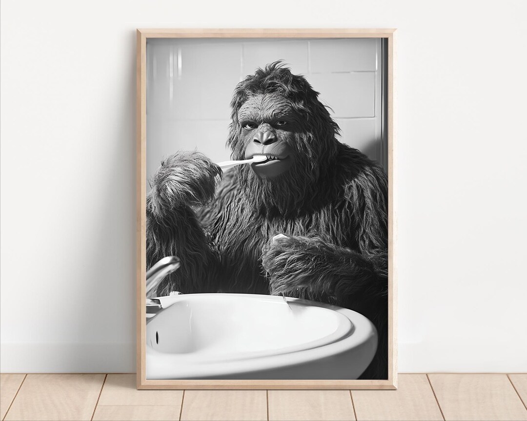 Funny Sasquatch Brushing Teeth Art: Retro Bigfoot Bathroom Print - Etsy