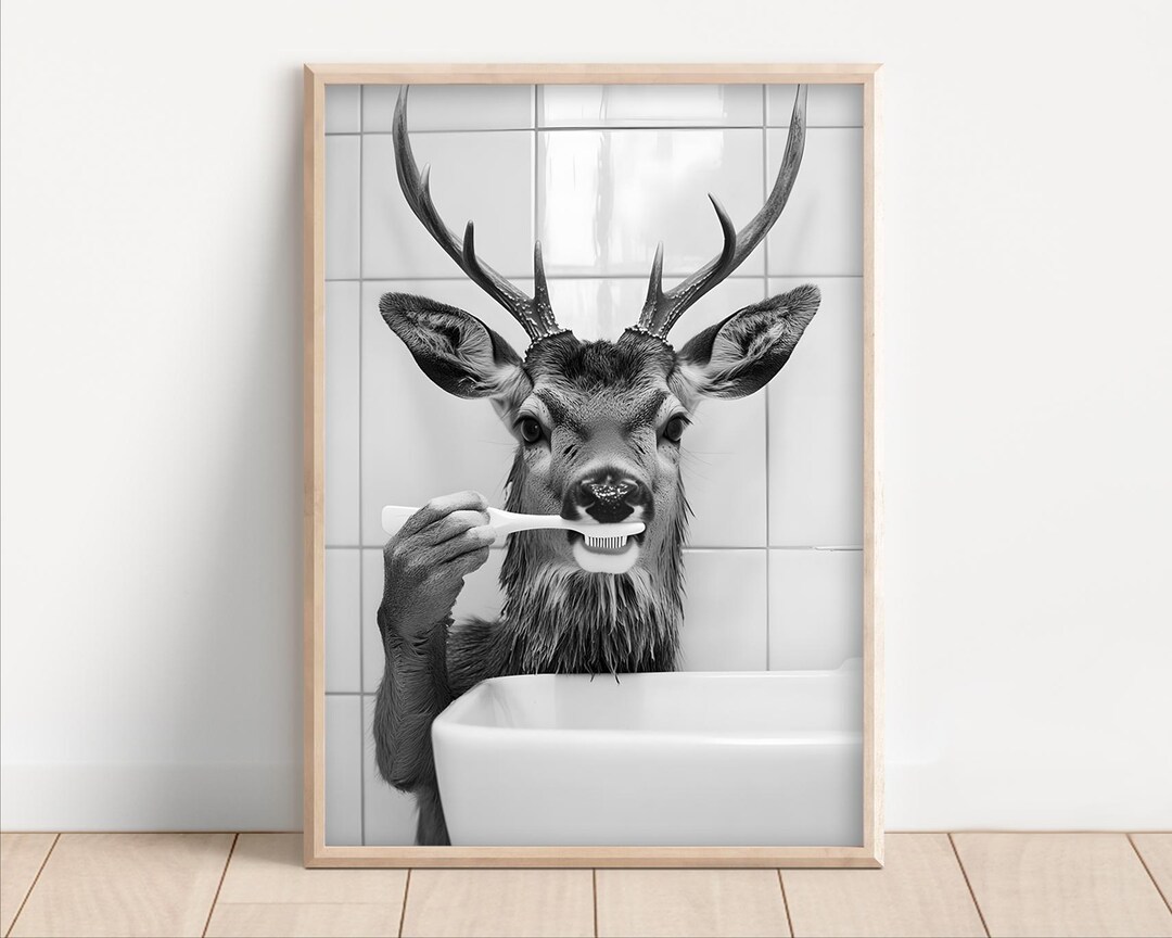 Funny Deer Brushing Teeth Print: Bathroom Wall Art, Laundry Room Decor ...