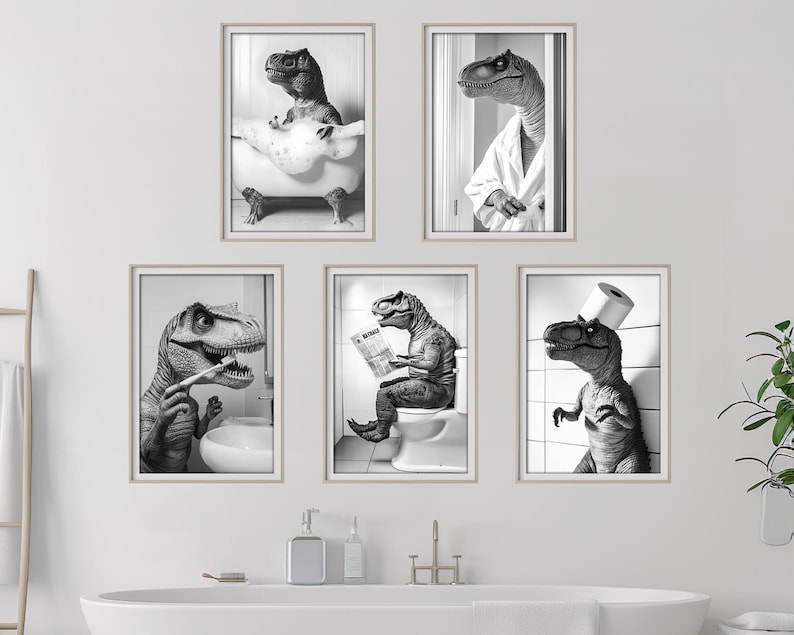 Funny T-rex Bathroom Art Set: Dinosaur Prints or Canvas - Etsy