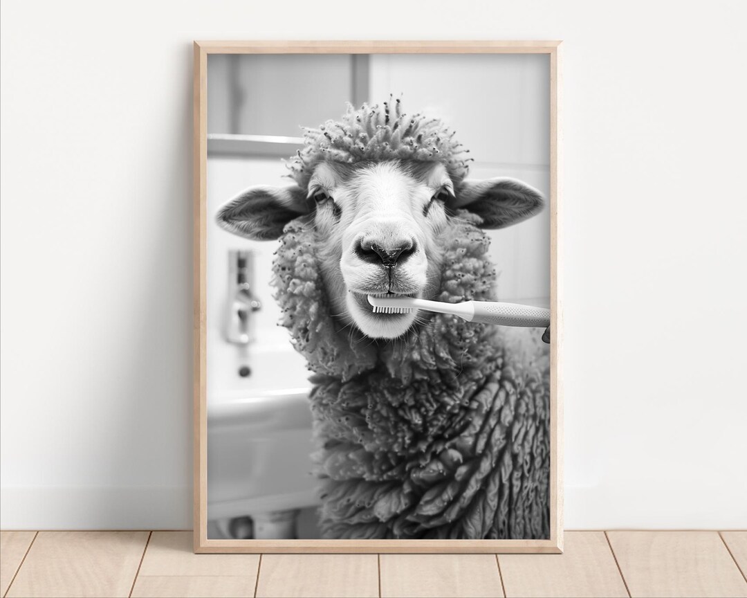 Sheep Brushing Teeth, Poster or Canvas, Funny Bathroom Wall Art, Kids ...