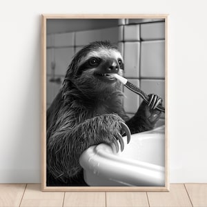 Sloth Brushing Teeth, Poster or Canvas, Funny Bathroom Wall Art, Kids ...