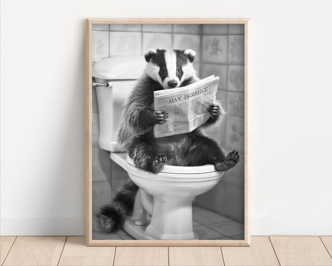 Badger on Toilet Reading Newspaper, Poster Canvas, Funny Bathroom Wall ...